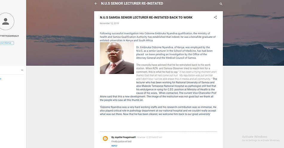 Samoa Observer | Disgraced academic hits back at Samoa Observer over